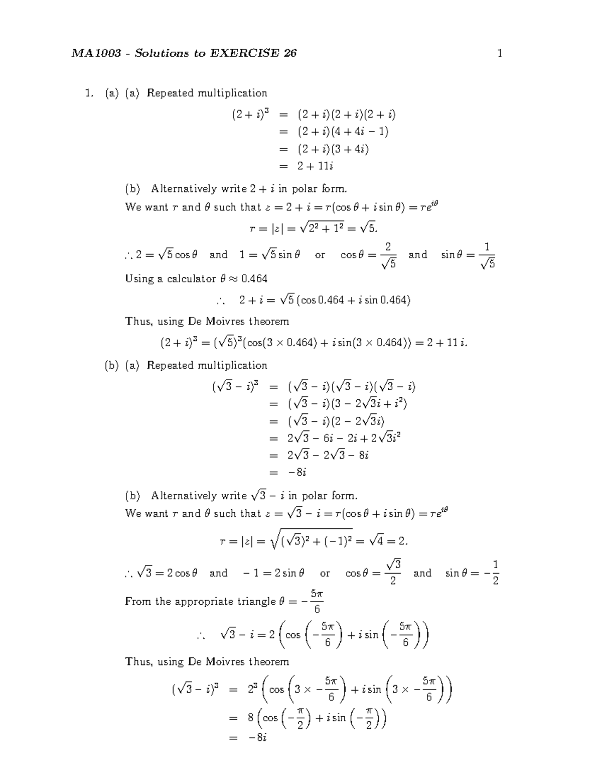 Exercise 26 Solutions - MA1003 - Solutions to EXERCISE 26 1 (a) (a ...