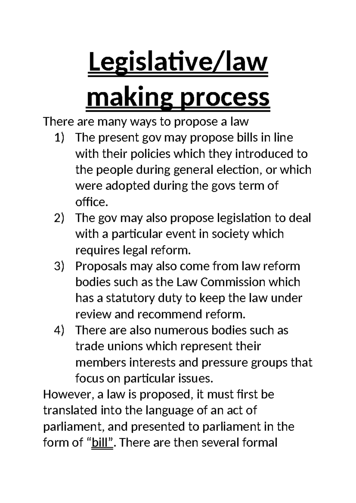Chap 8 public law - notes on chapter 8 - Legislative/law making process ...