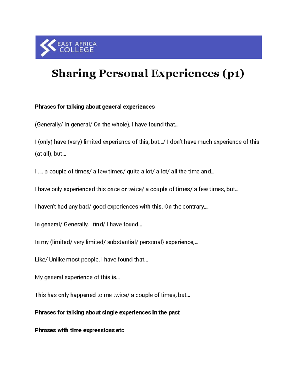 Sharing Personal Experiences p1 - Sharing Personal Experiences (p1 ...