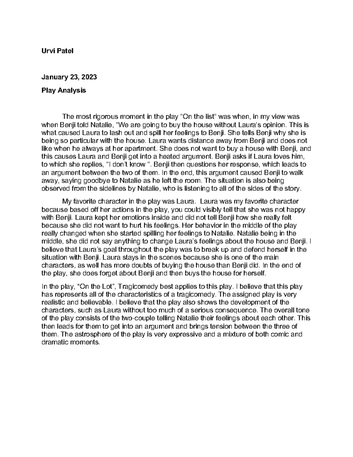 Play Analysis- Urvi Patel - Urvi Patel January 23, 2023 Play Analysis ...