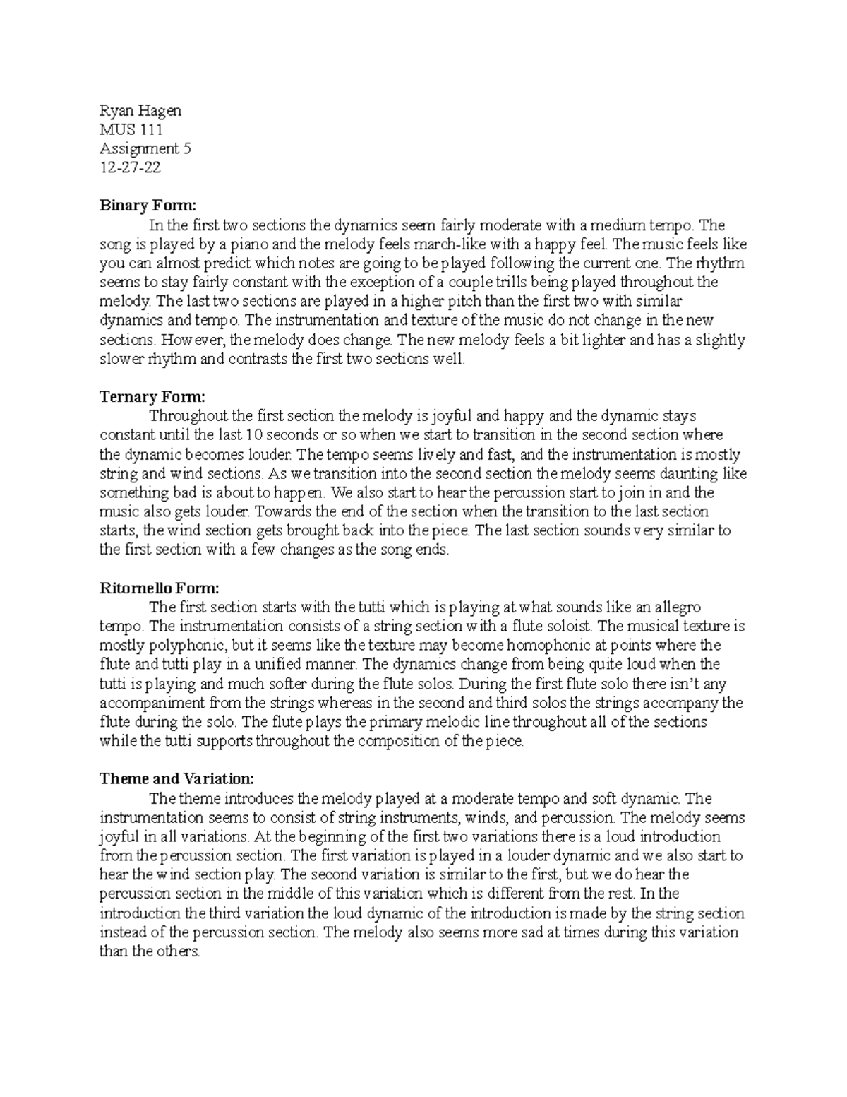 Assignment 5 - Ryan Hagen MUS 111 Assignment 5 12-27- Binary Form: In ...