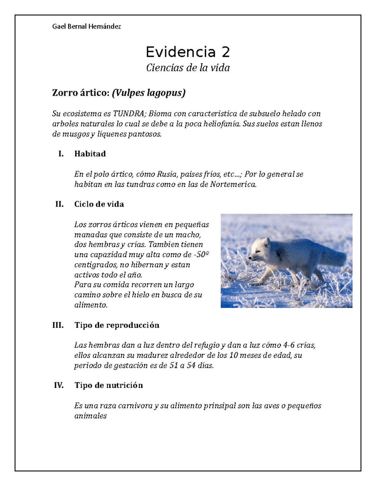 Evidencia 2 GBH CDV - Evidencia 2 Ciencias de la vida Zorro ártico ...