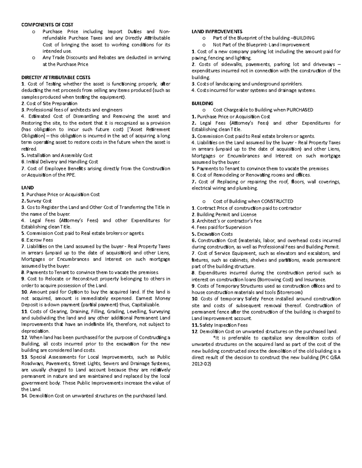 Notes- PPE - Summary of Component of Cost for PPE. Source: Auditing ...