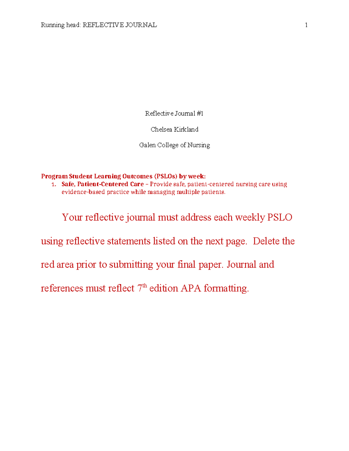 Reflective Journal template 283-1 - Running head: REFLECTIVE JOURNAL 1 ...