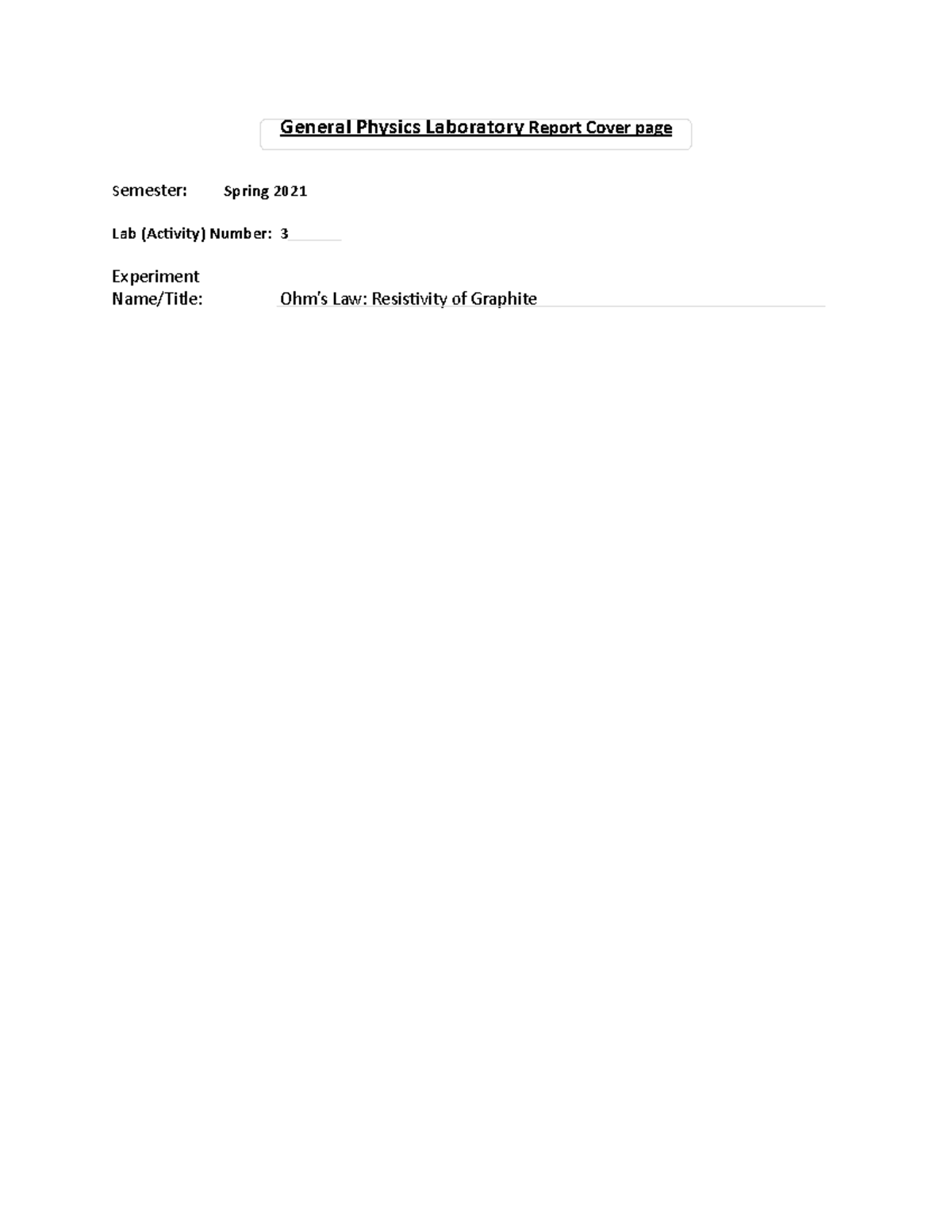 Lab 3: Ohm's Law Lab Report - General Physics Laboratory Report Cover ...