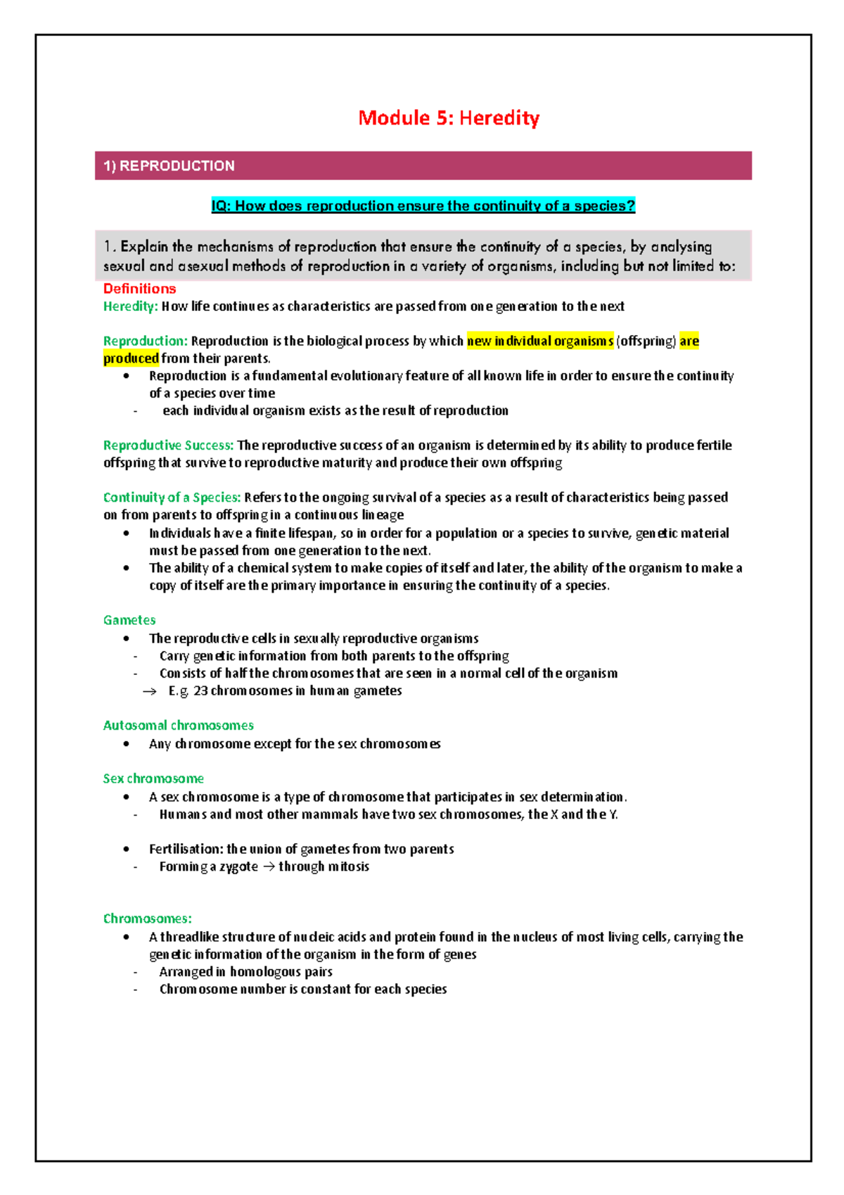 Module 5 Heredity - Summary Notes - Module 5: Heredity 1) REPRODUCTION ...