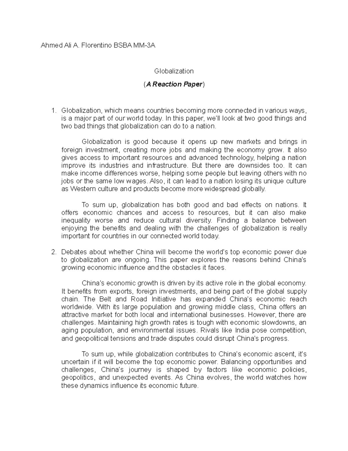 Reaction-Paper-Globalization - Ahmed Ali A. Florentino BSBA MM-3A ...