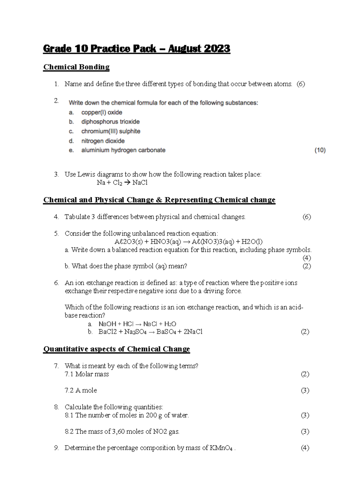 Grade 10 Practice Pack - Grade 10 Practice Pack – August 2023 Chemical ...