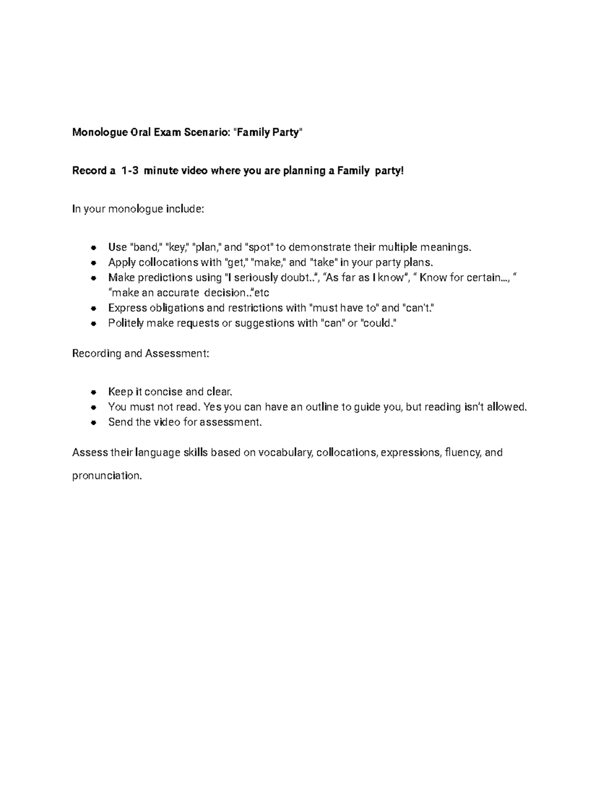 Monologue Oral Exam Scenario Family Party - Monologue Oral Exam ...