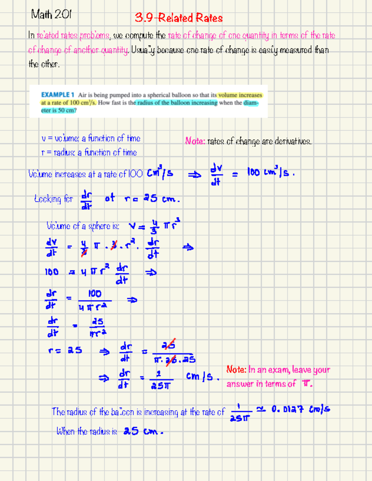 201-3.9 Notes - Math 201 3-Related Rates In related rates problems, we ...
