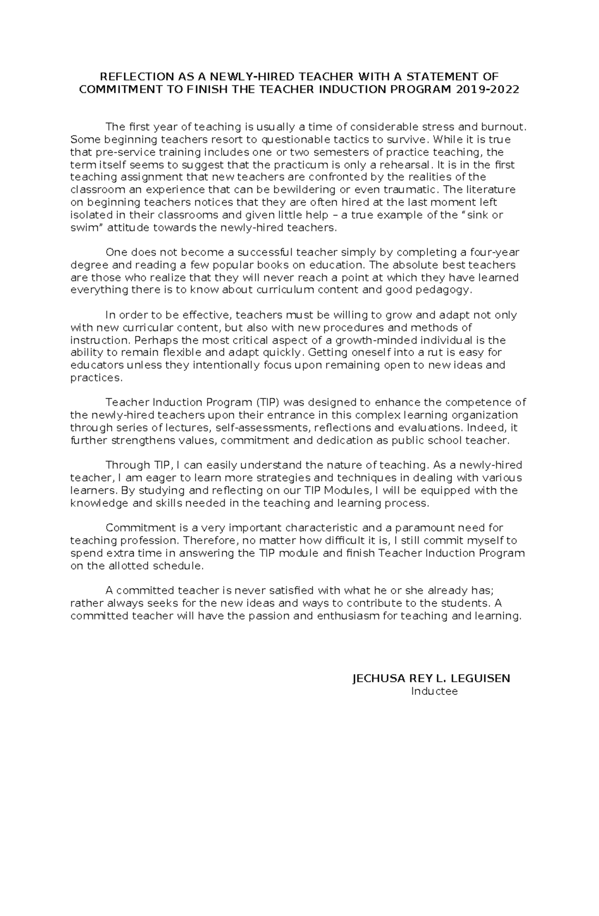 Reflection TIP - This is complete - REFLECTION AS A NEWLY-HIRED TEACHER ...