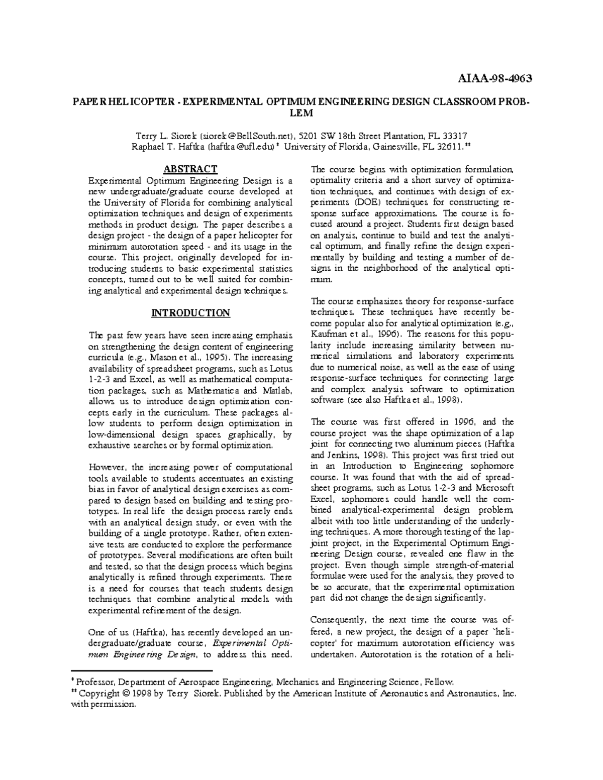 Siorek-MAO98 - AIAA-98- PAPER HELICOPTER - EXPERIMENTAL OPTIMUM ...