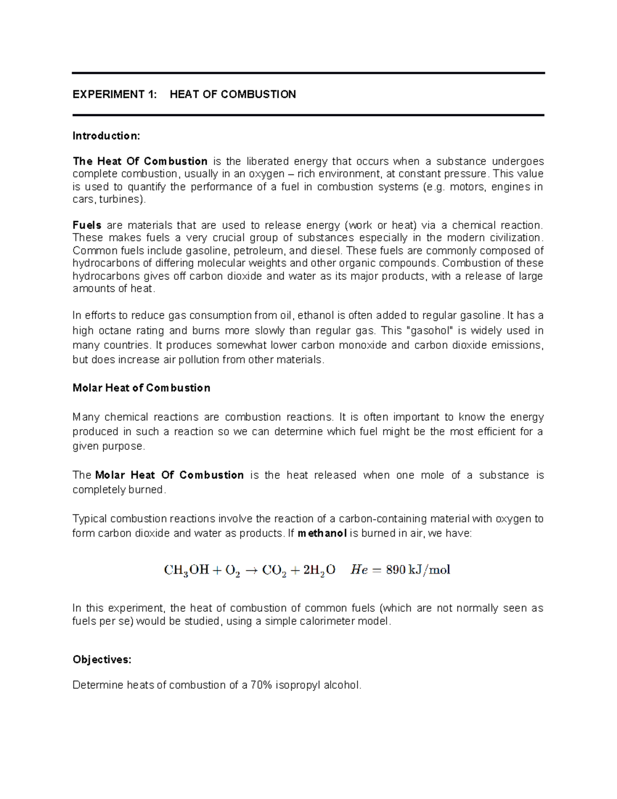 EXPT 1 - Heat of Combustion - EXPERIMENT 1: HEAT OF COMBUSTION ...