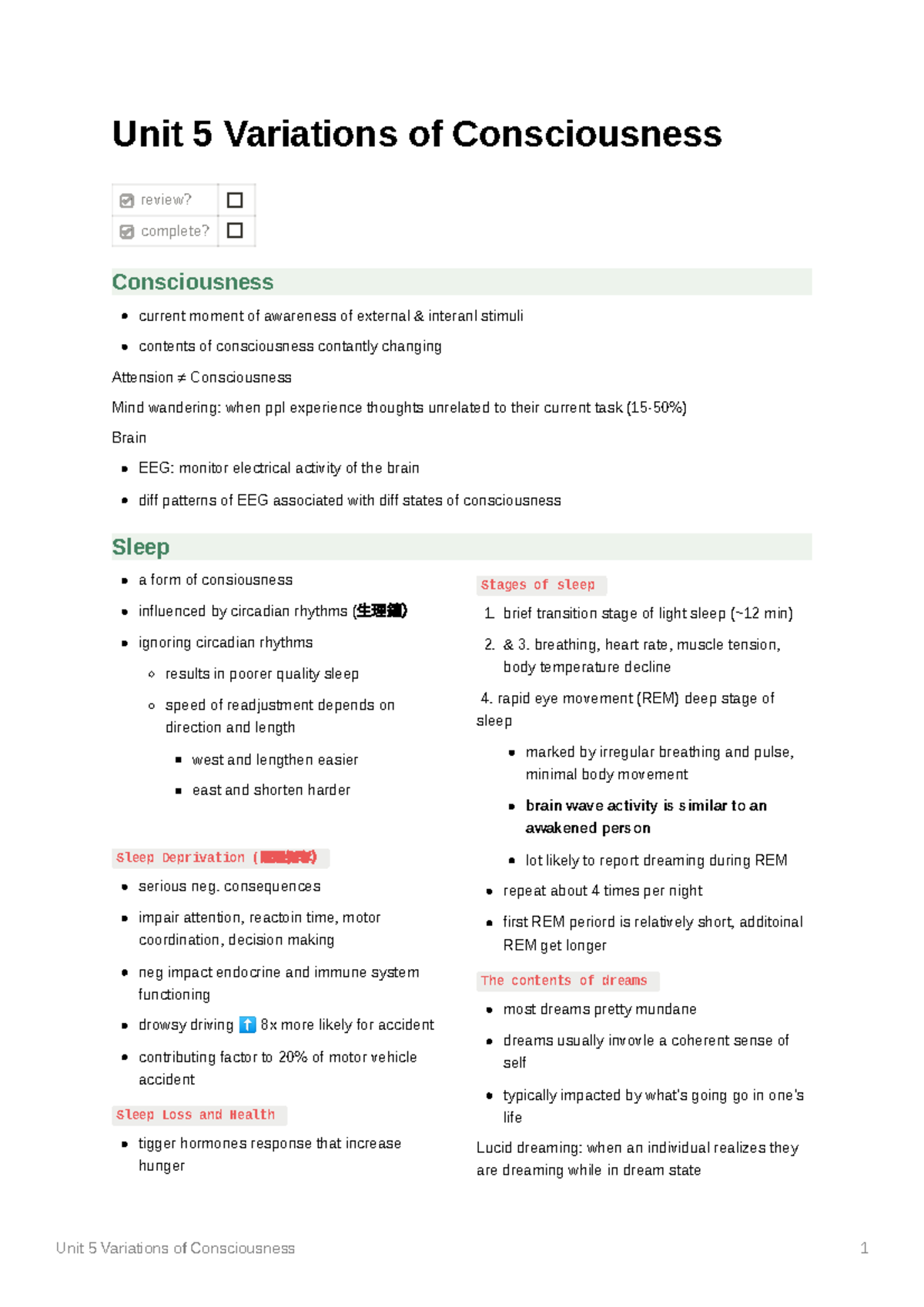 Unit 5 Variations of Consciousness - Psych 101 - UWaterloo - Studocu
