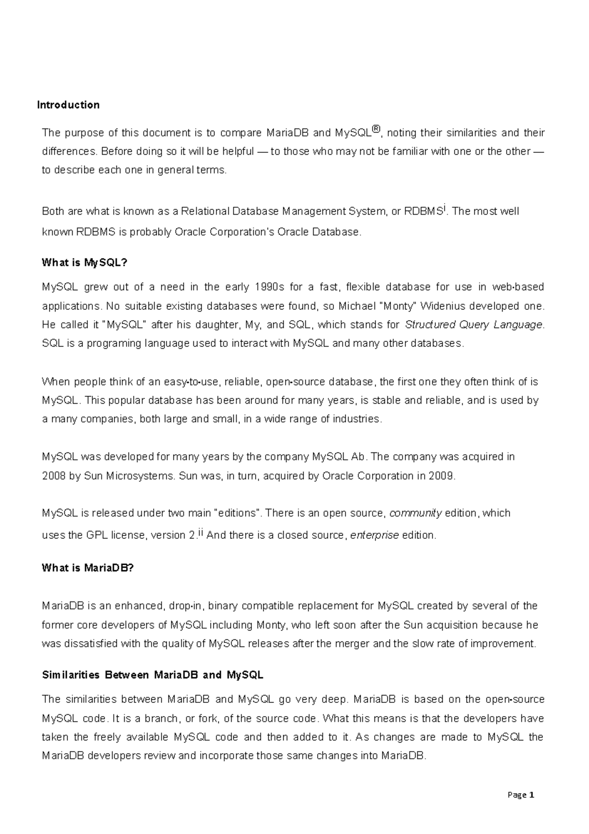 Maria DB vs My SQL - try - Page 1 Introduction The purpose of this ...