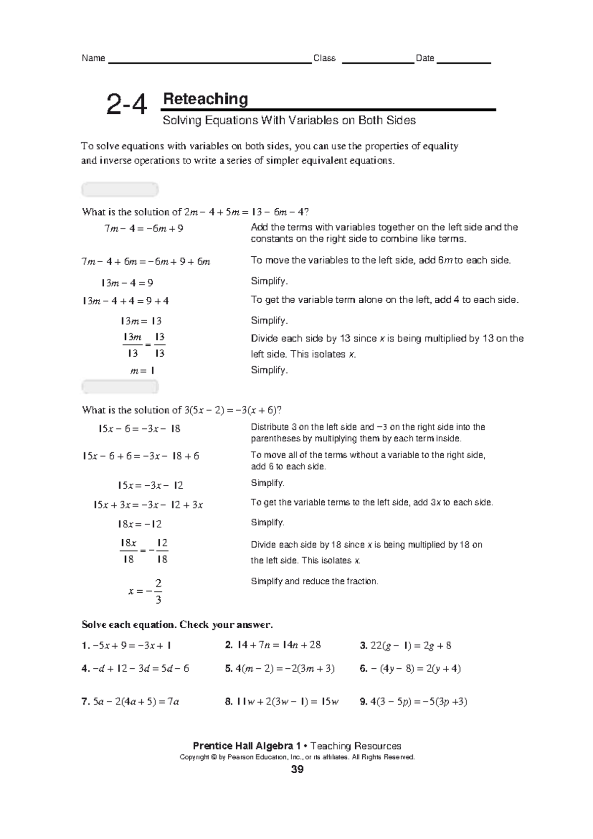 Solve Eq Variables Both Sides HSM 12CC A1 02 04 RE 2 - Name Class Date ...