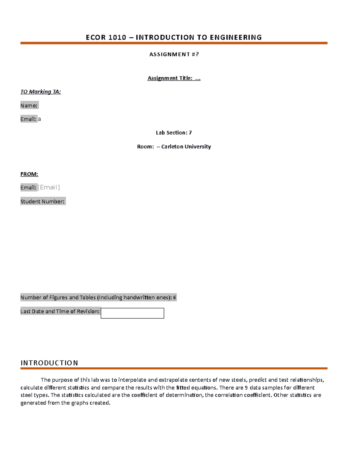 Lab 6 Ecor 1010 2018 - ECOR 1010 – INTRODUCTION TO ENGINEERING ASSIGNMENT #? Assignment Title ...