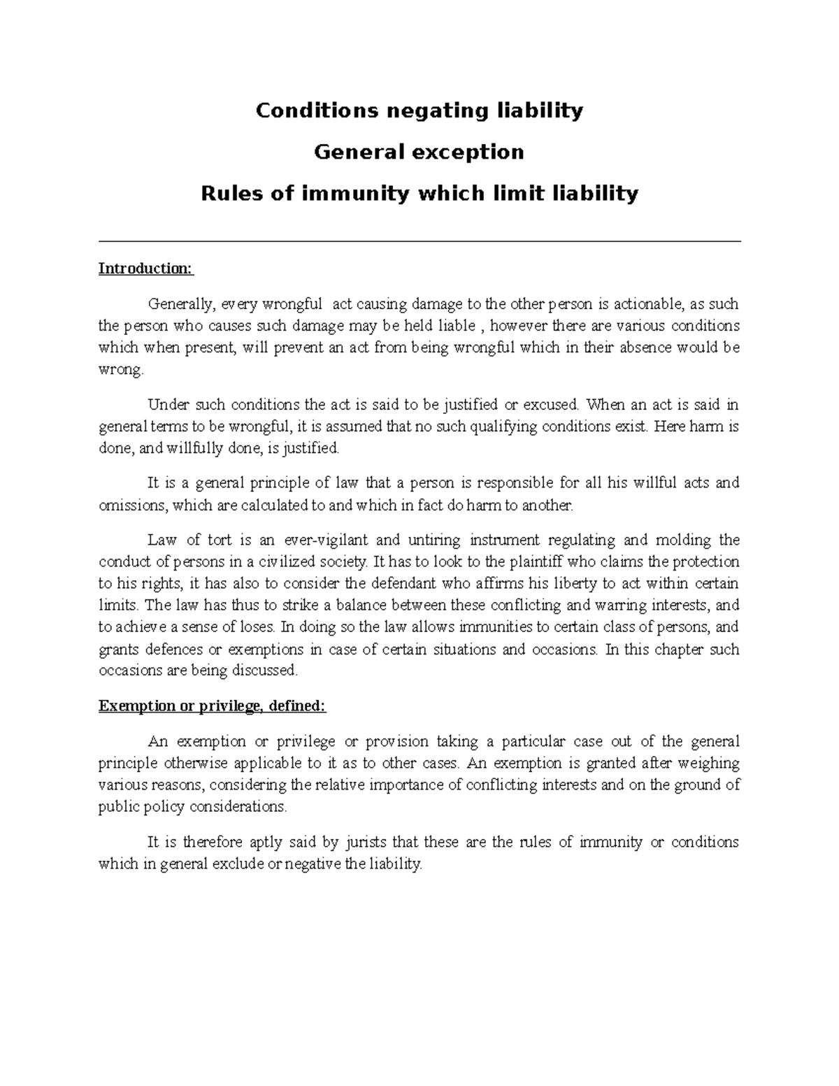 Conditions negating liability - Conditions negating liability General ...