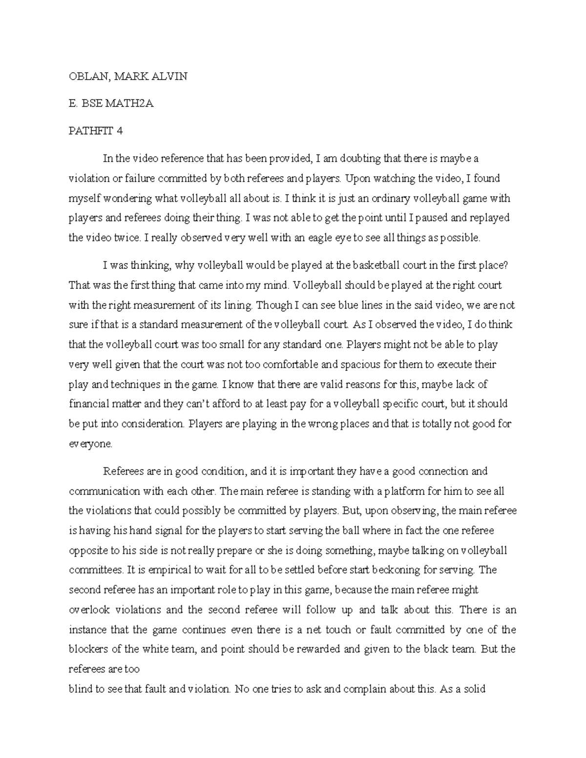 Oblan, MARK Alvin PE - Essay Reflection in P.E - OBLAN, MARK ALVIN E ...