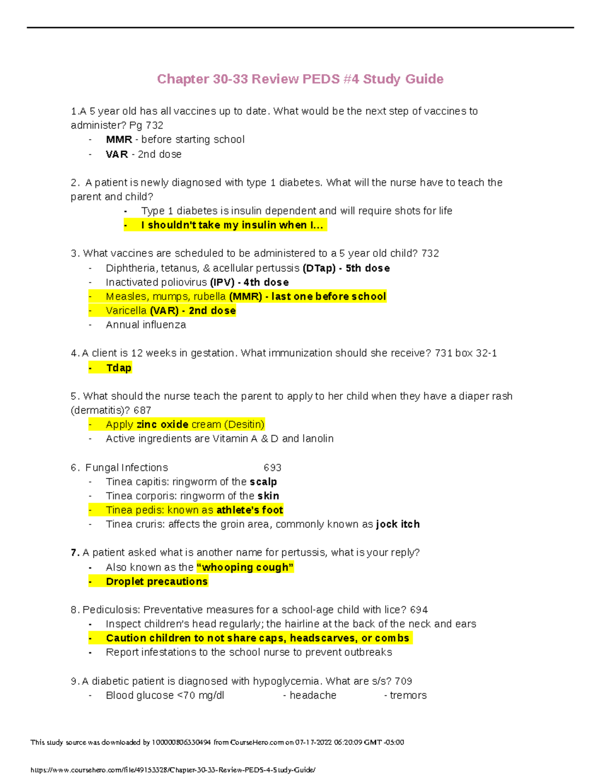 Chapter 30 33 Review PEDS 4 Study Guide - Chapter 30-33 Review PEDS #4 ...