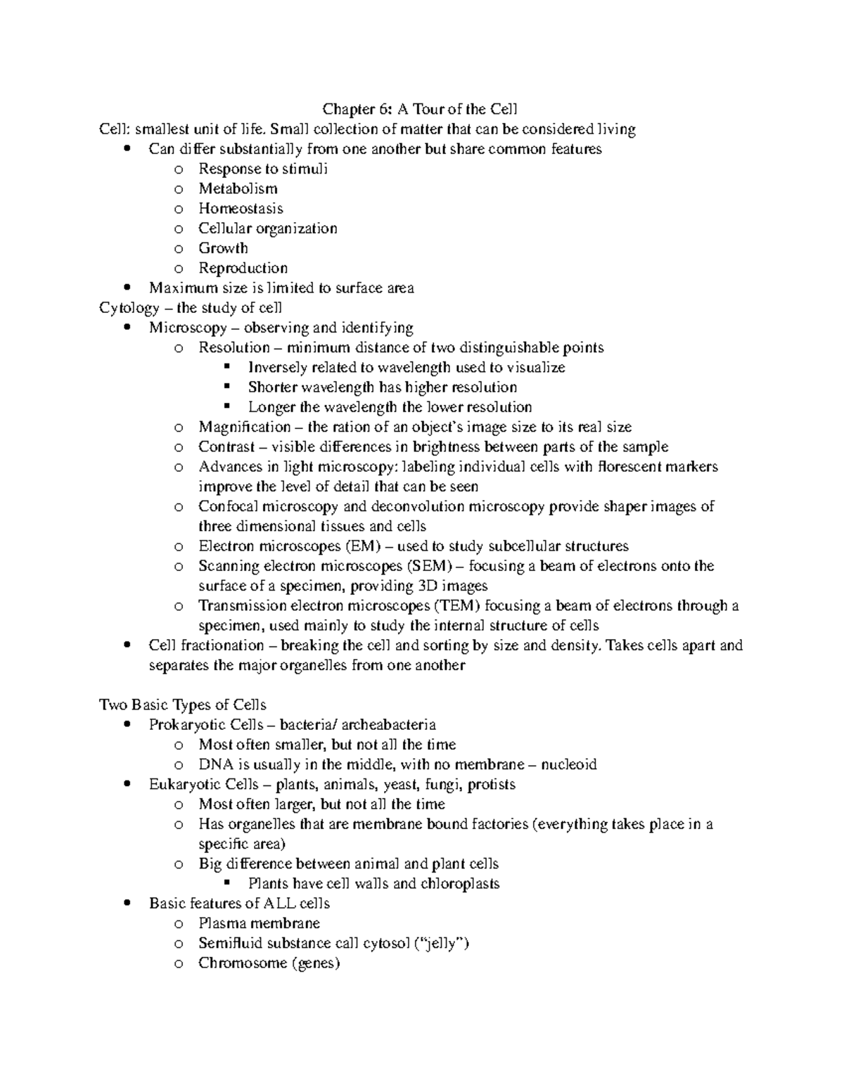 Chapter 6 Biology - Chapter 6: A Tour of the Cell Cell: smallest unit ...
