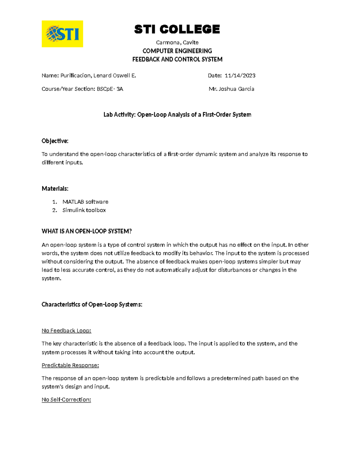 Open Loop Analysis Seatworks Carmona Cavite Computer Engineering Feedback And Control