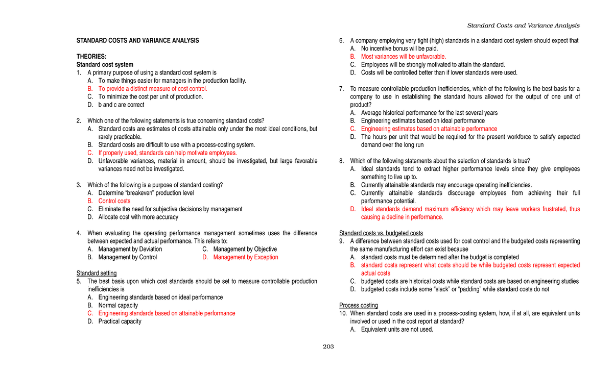 05 X05 Standard Costing Variance Analysis STANDARD COSTS AND VARIANCE 
