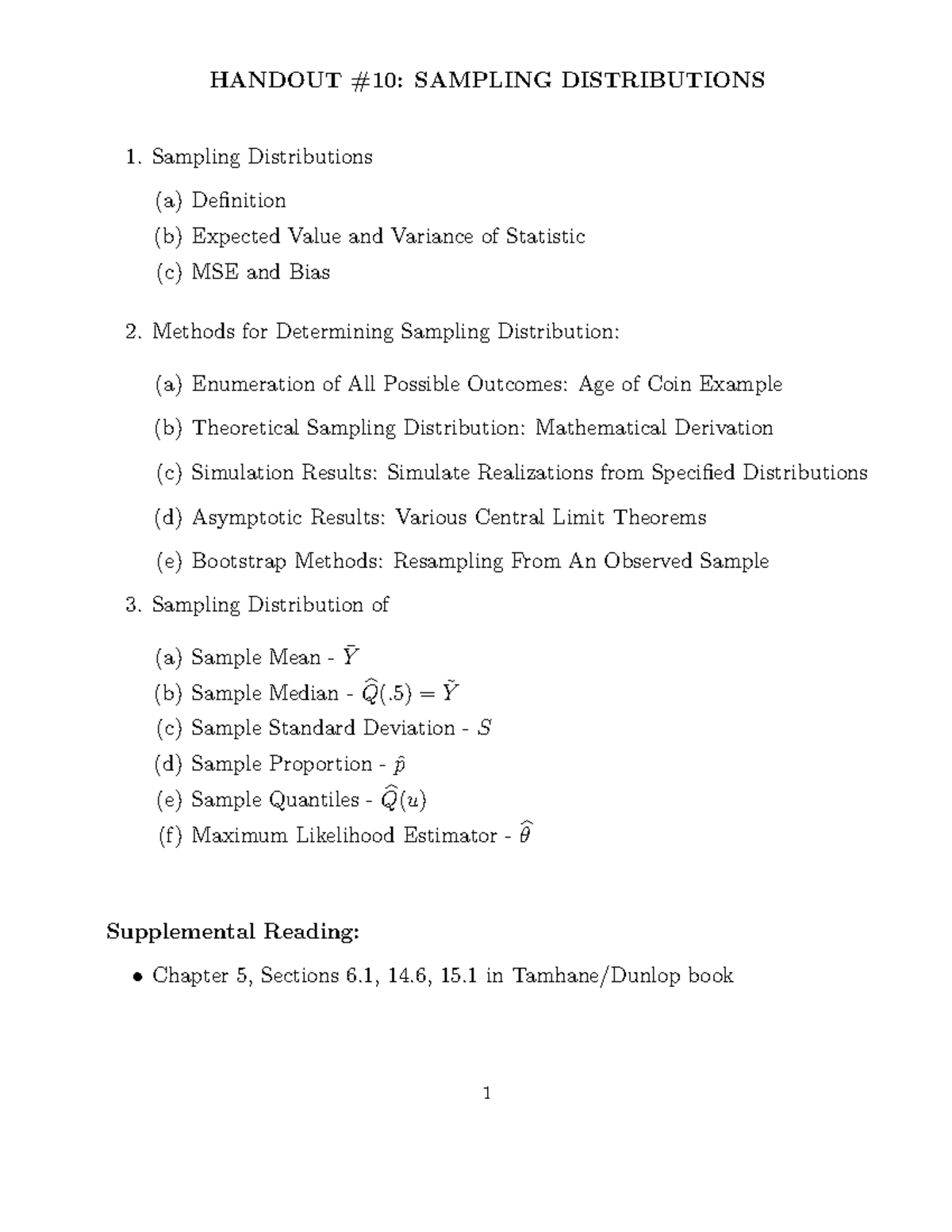 Handout 10 - The Methods of Statistics I - HANDOUT #10: SAMPLING ...