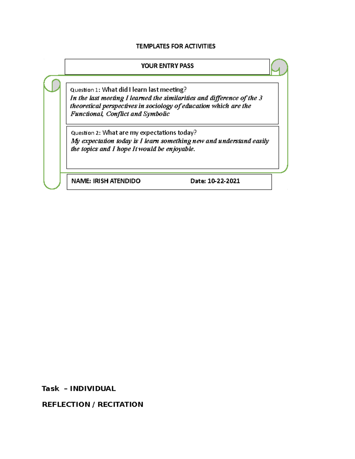 Lesson 3 Individual TASK - TEMPLATES FOR ACTIVITIES Task – INDIVIDUAL ...
