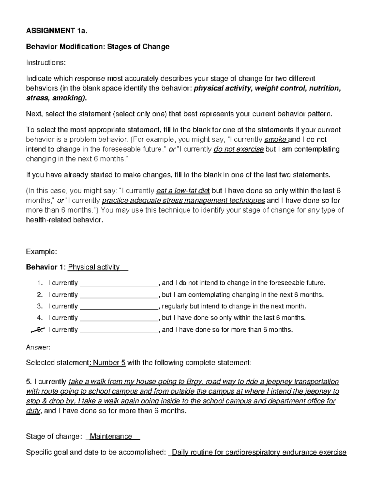 PE12 Module 1 Assignment - ASSIGNMENT 1a. Behavior Modification: Stages of Change Instructions ...