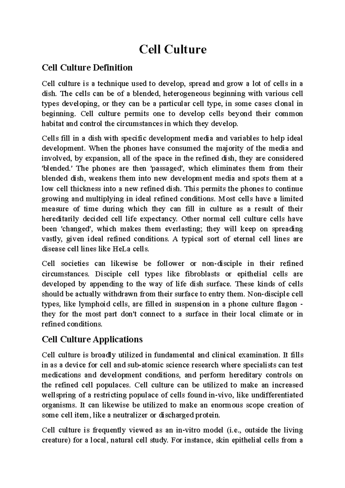 Cell Culture - Cell Culture Cell Culture Definition Cell culture is a ...