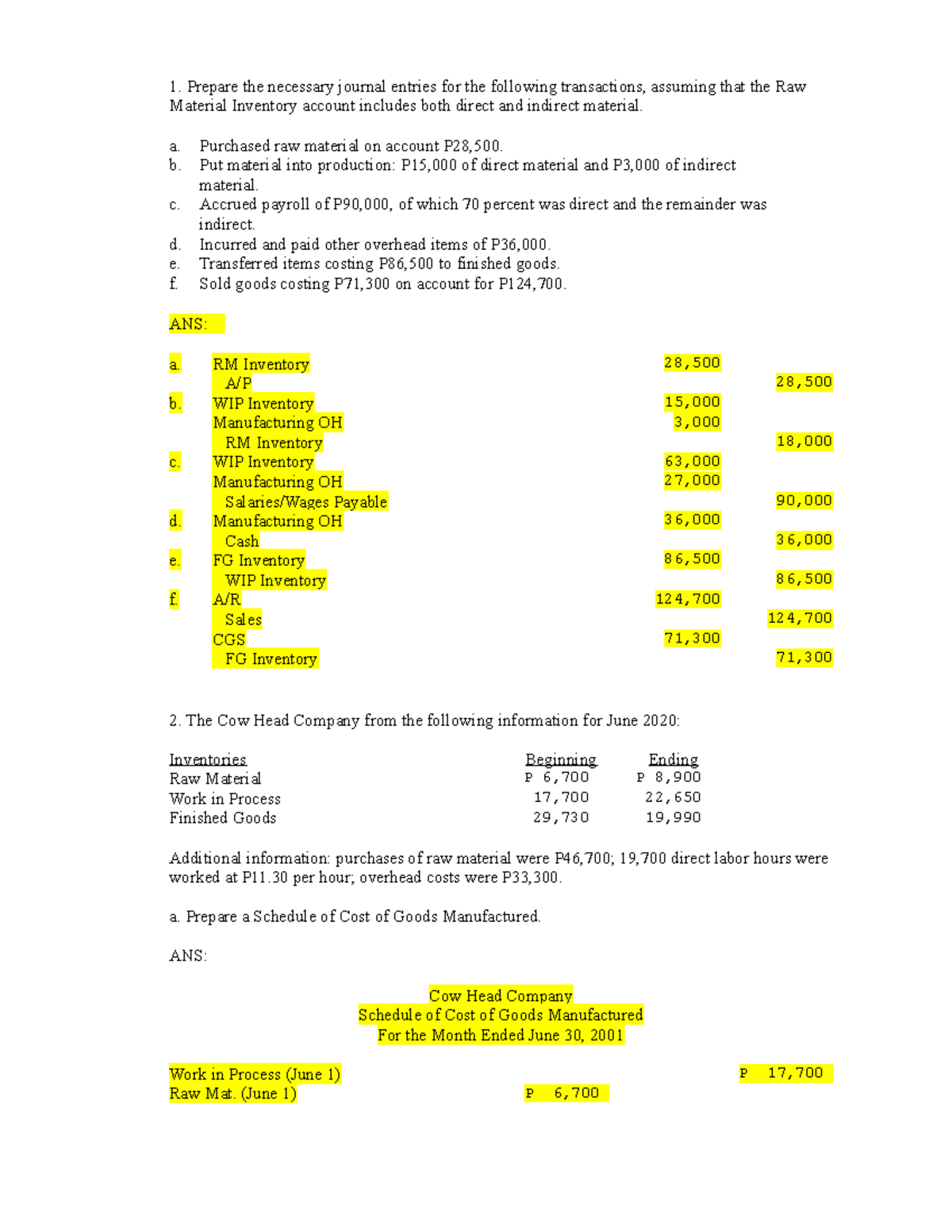 Manufacturing Exercises- Answers - Prepare the necessary journal ...