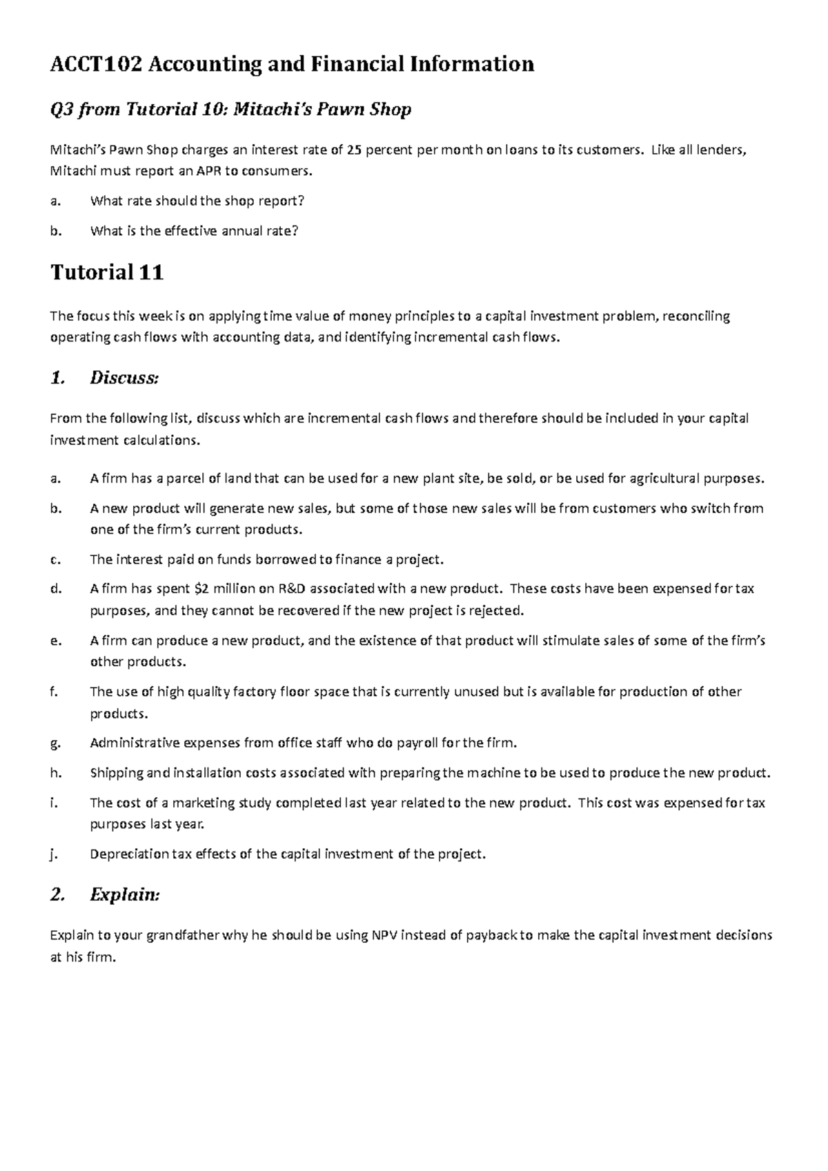 Tutorial 11 2023 with 10-3 - ACCT102 Accounting and Financial Information Q3 from Tutorial 10 ...