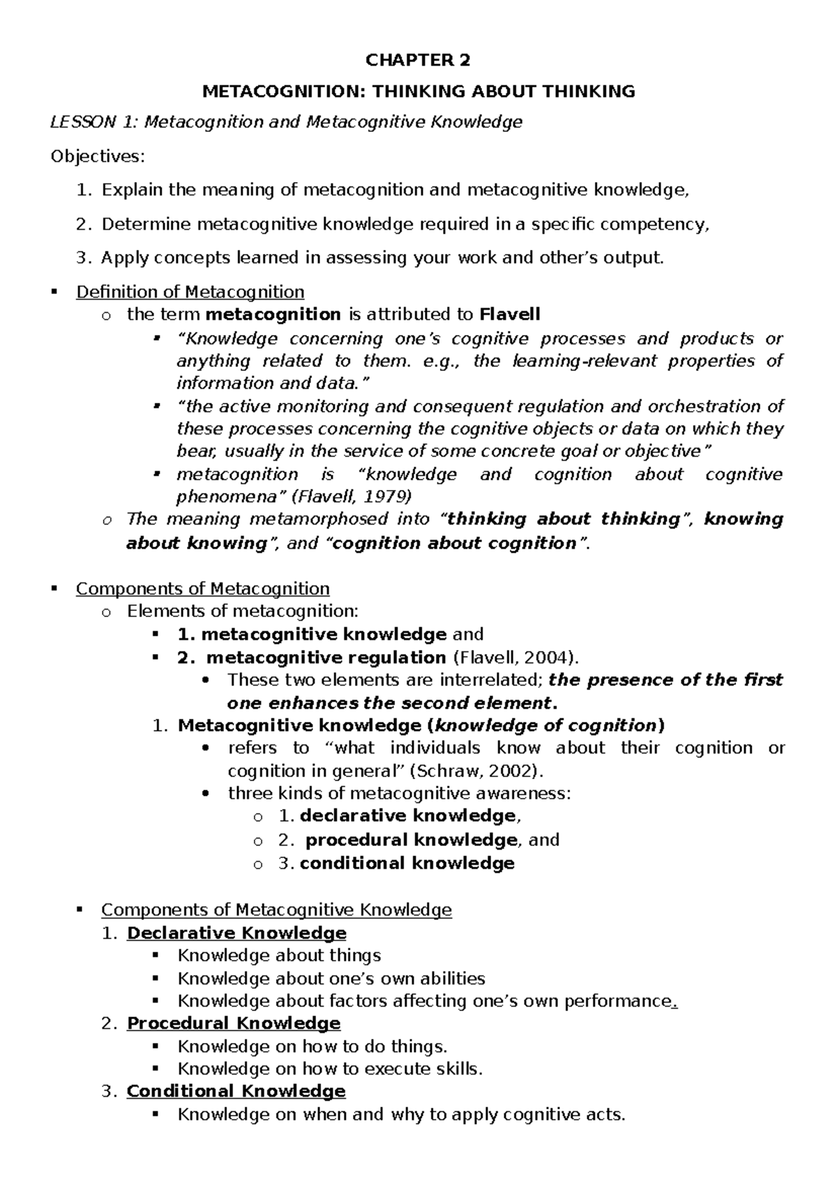 Chapter 2 Outline - METACOGNITION - CHAPTER 2 METACOGNITION: THINKING ...