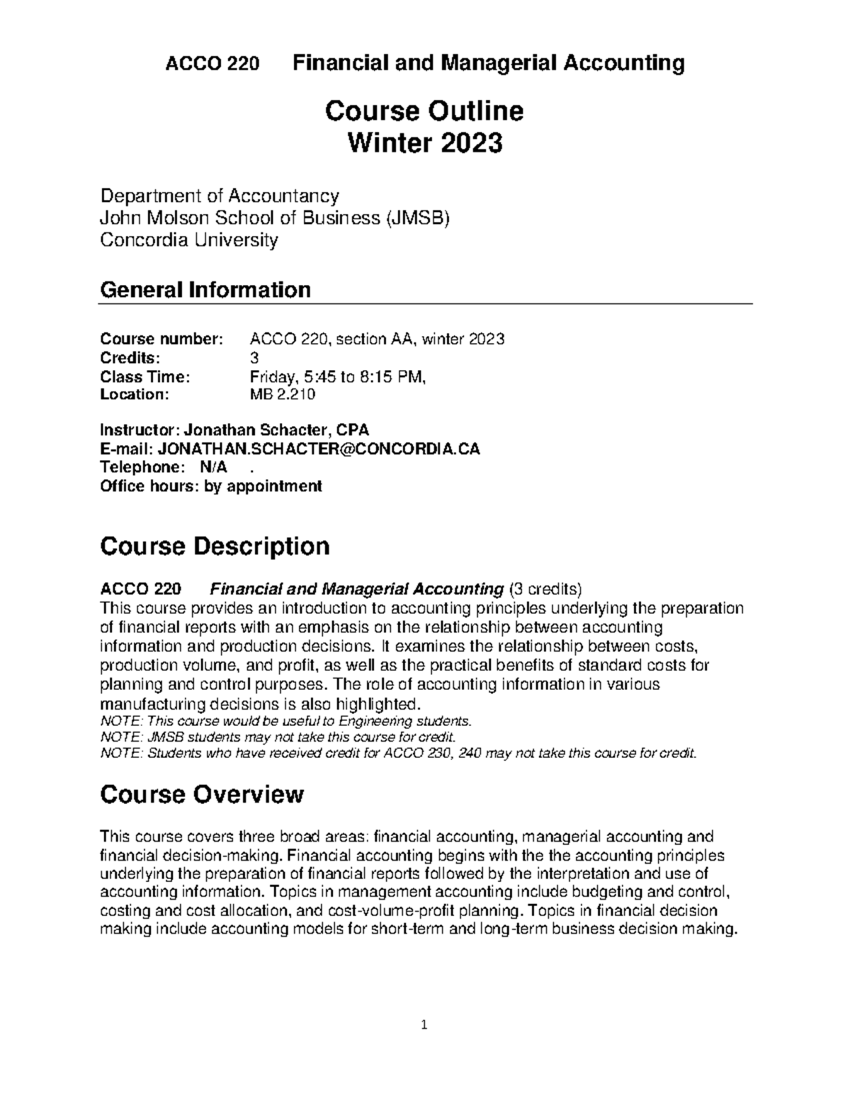 ACCO 220 Course Outline winter 2023 - ACCO 220 Financial and Managerial ...