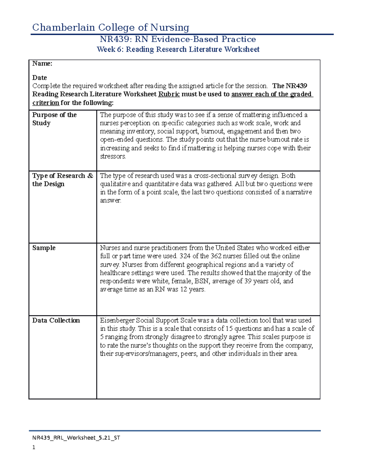 NR439 W6 - week 6 worksheet - Chamberlain College of Nursing NR439: RN ...