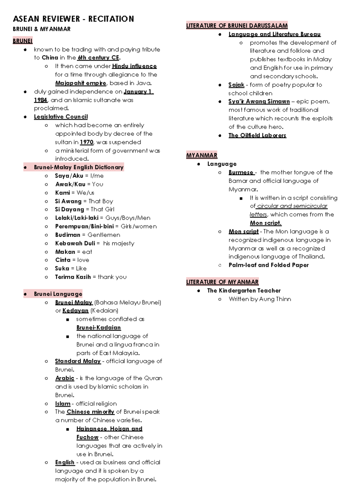 Asean- Reviewer- Recit - ASEAN REVIEWER - RECITATION BRUNEI & MYANMAR ...