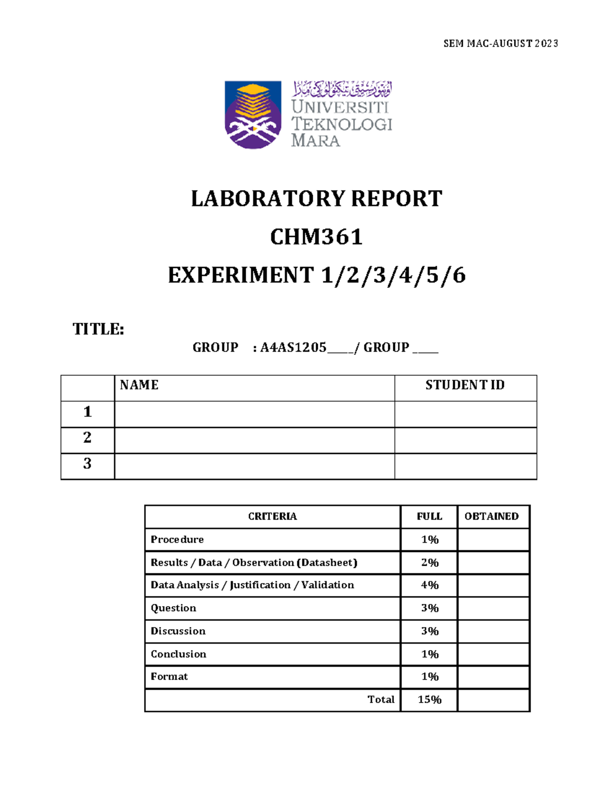 CHM361 Front PAGE LAB Report - Inorganic Chemistry - SEM MAC-AUGUST ...