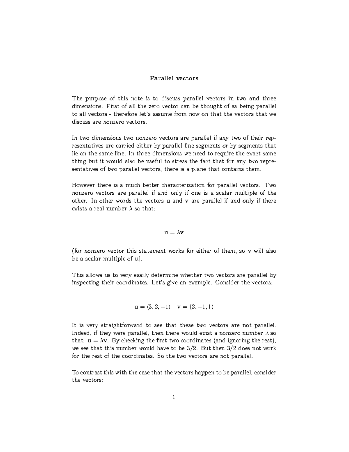 Notes on Parallel Vectors - Parallel vectors The purpose of this note ...