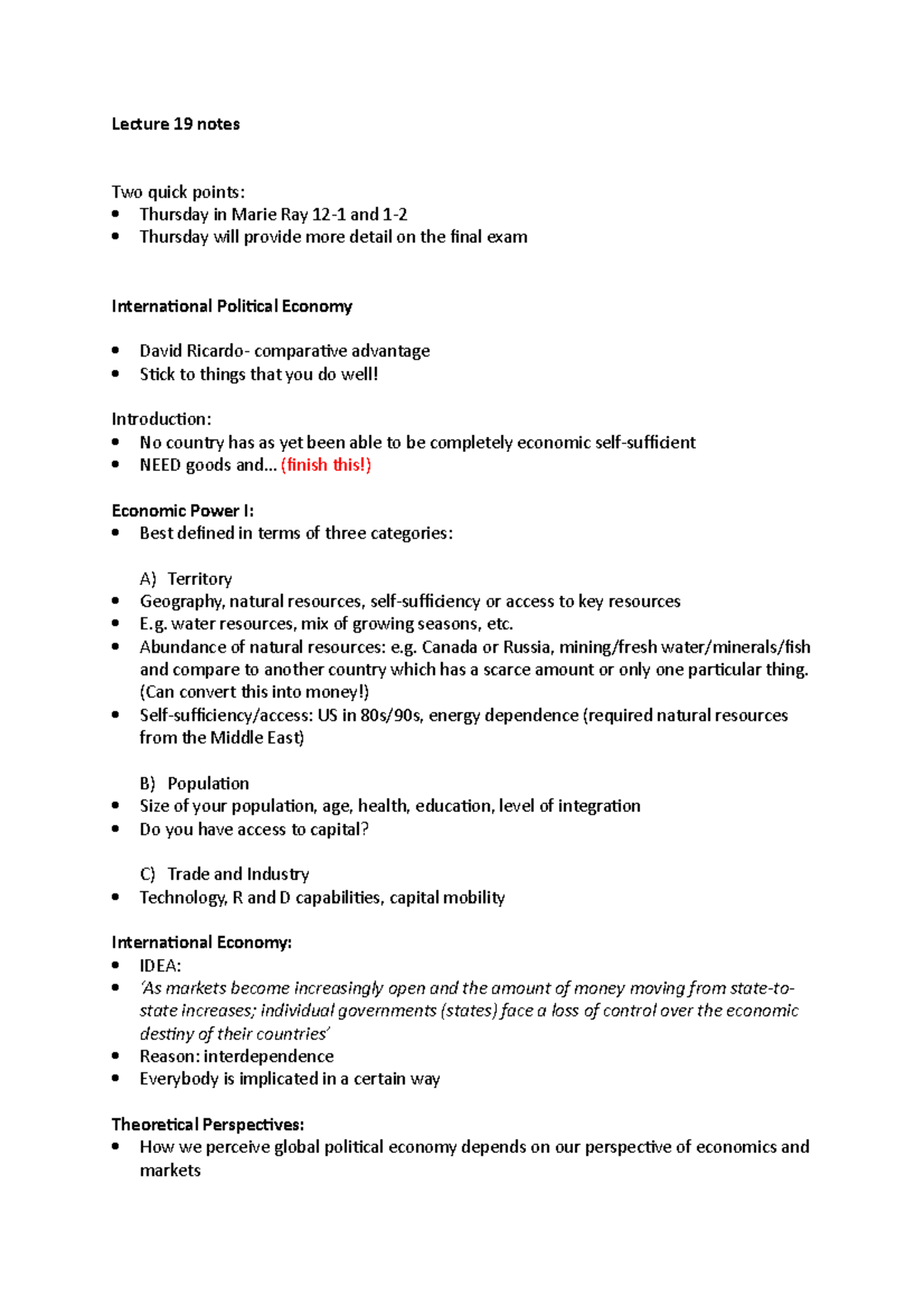 Lecture 19 notes - Lecture 19 notes Two quick points: Thursday in Marie ...