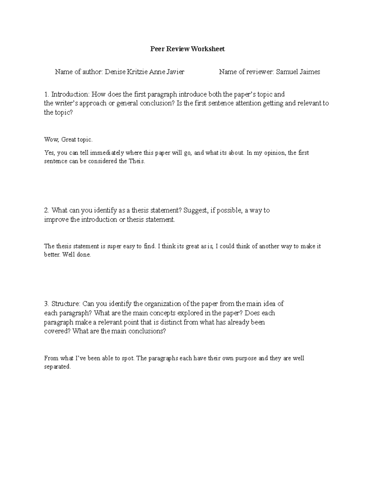 Peer Review Essay Peer Review Worksheet Name Of Author Denise