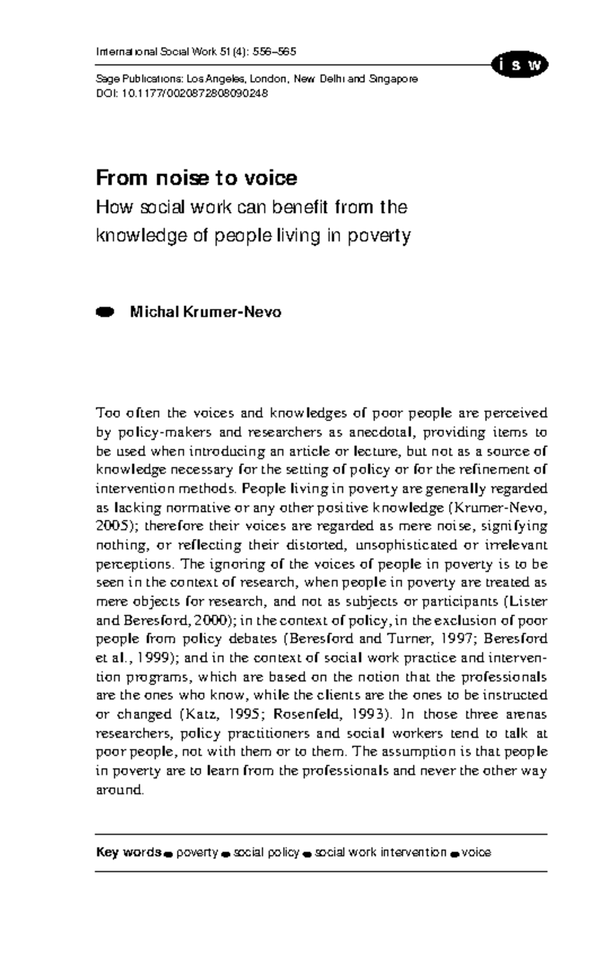 From noise to voice - How social work can benefit - Key words poverty ...