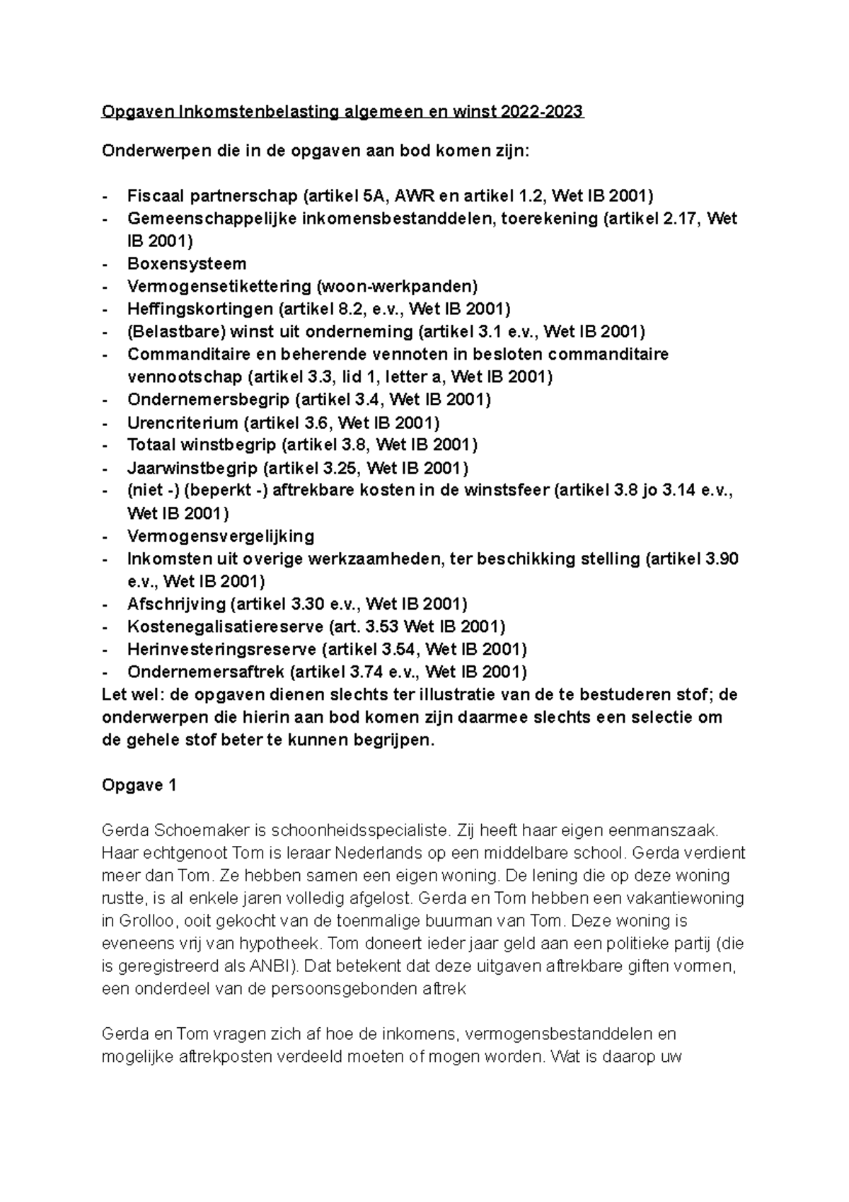 Opgaven Inleiding Belastingrecht 2022-2023 Inkomstenbelasting algemeen ...