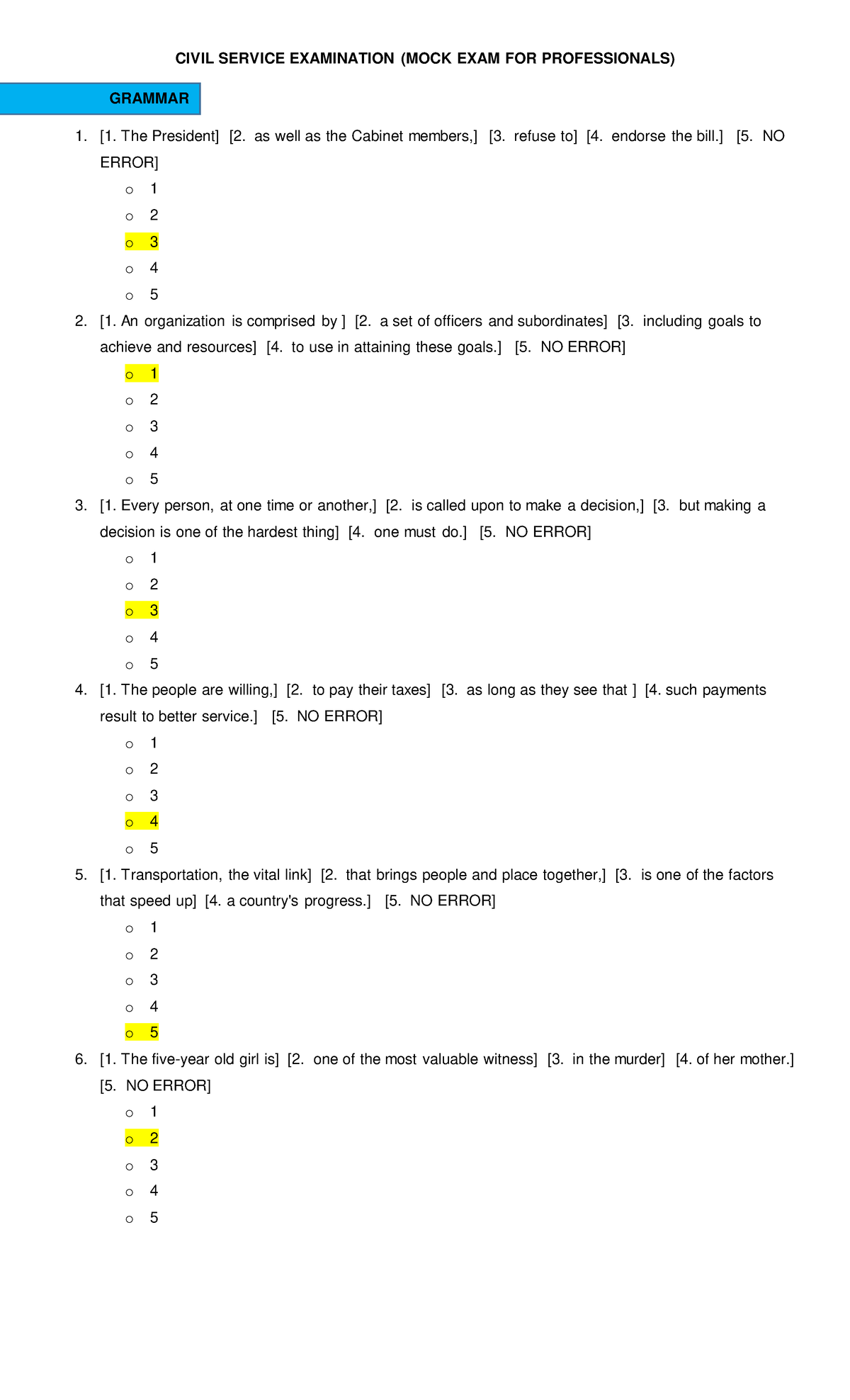 CSE For Professional Grammar - CIVIL SERVICE EXAMINATION (MOCK EXAM FOR ...