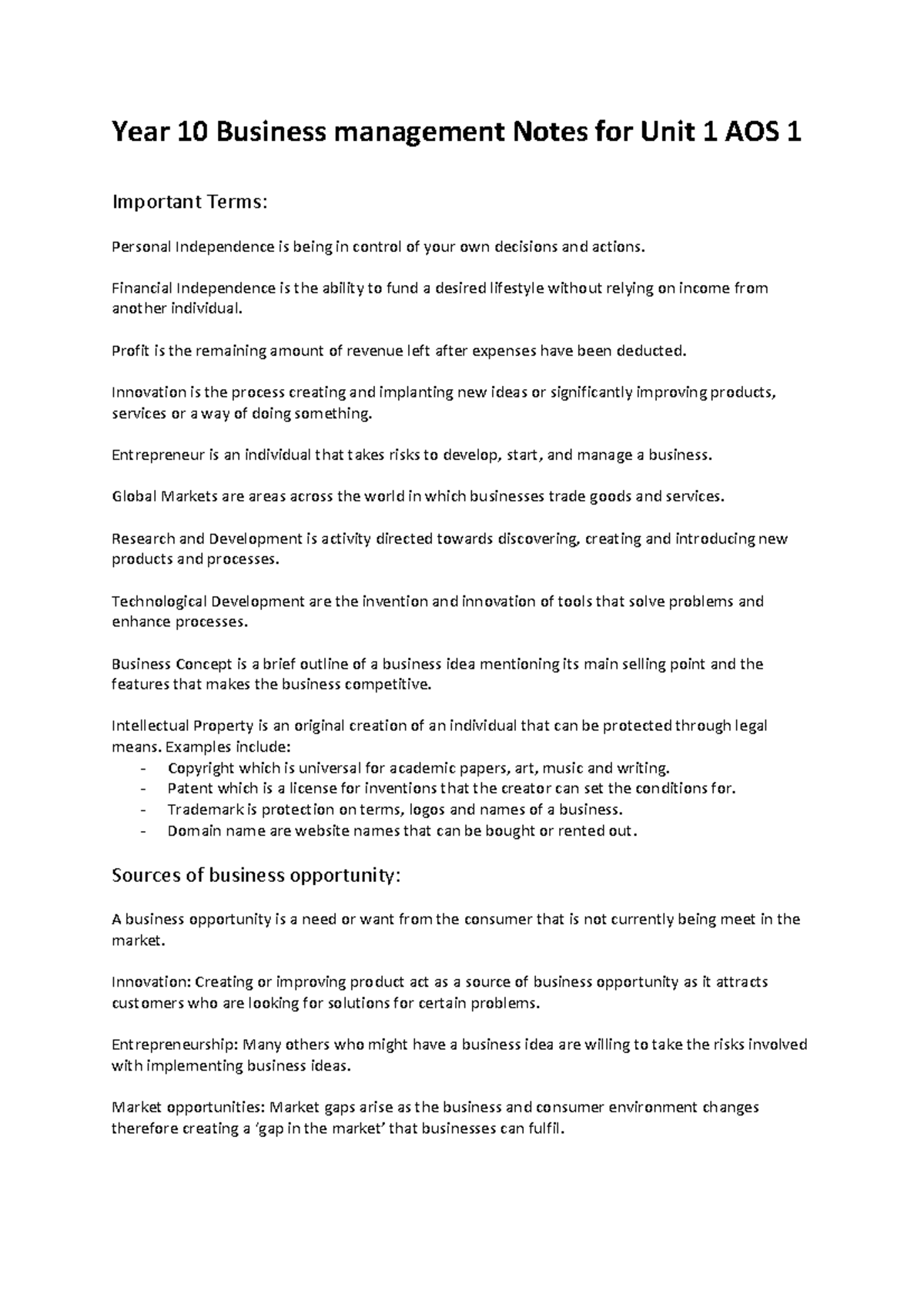 VCE Business Management Unit 1 AOS 1 2022 Test Notes - Year 10 Business ...
