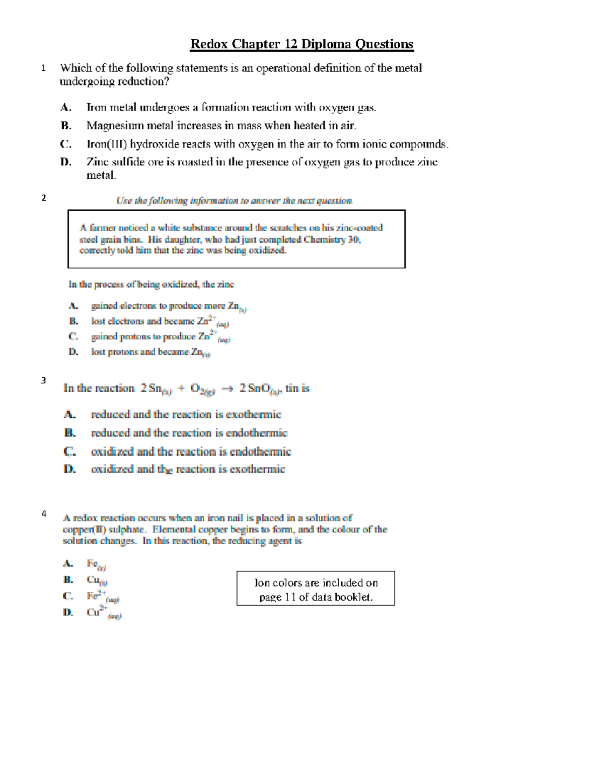 Redox Sample Diploma Questions 2022 - Redox Chapter 12 Diploma ...