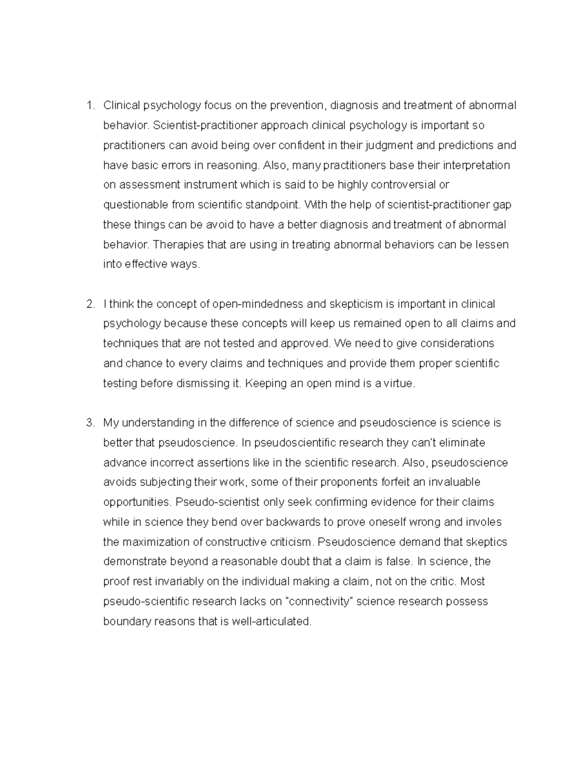 Clinical Psychology Quiz1 - Clinical psychology focus on the prevention ...