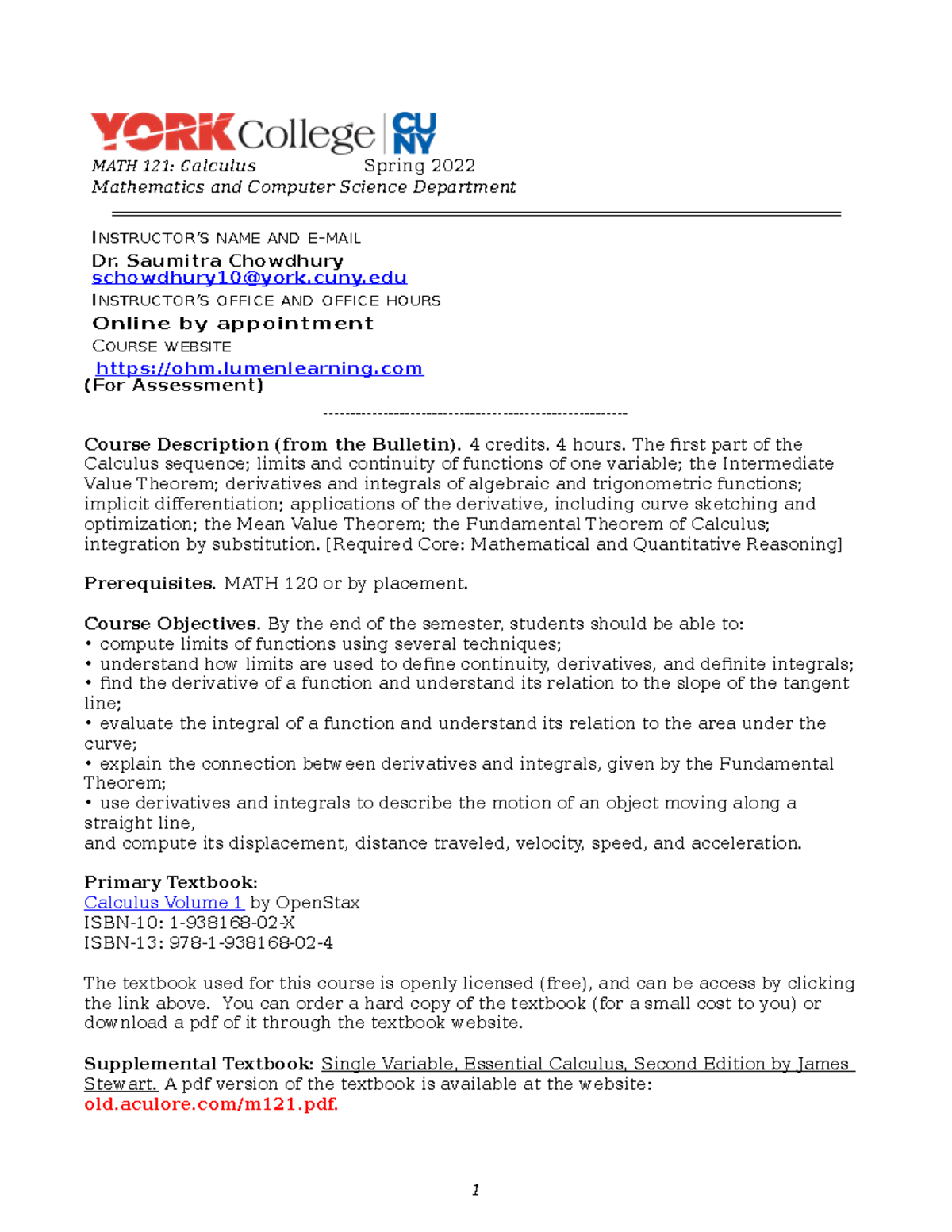 MATH 121 - Syllabus - MATH 121: Calculus Spring 2022 Mathematics and ...