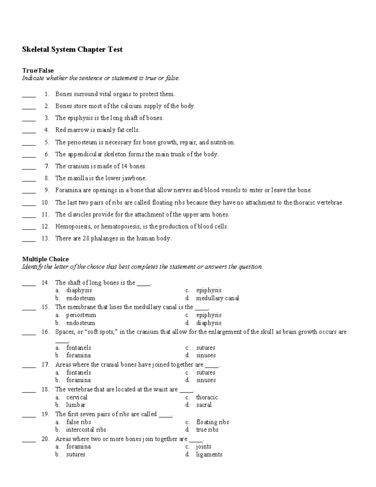 Skeletal system chapter test practice - Skeletal System Chapter Test ...