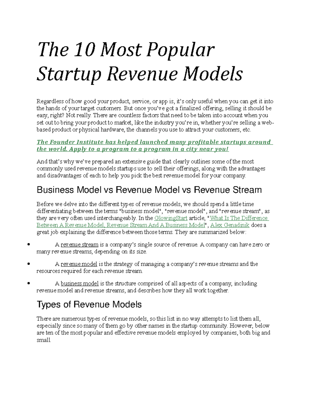 Revenue models 1 - Lecture notes 1 - The 10 Most Popular Startup ...